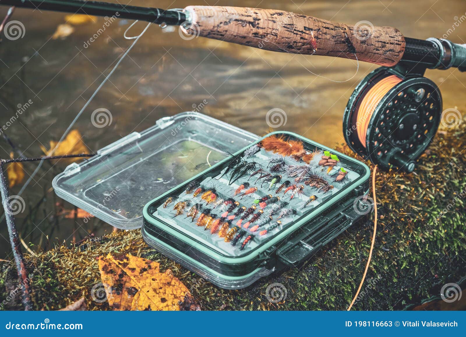 Fly Rod and Fly Box on the Bank of the Stream Stock Image - Image of ...