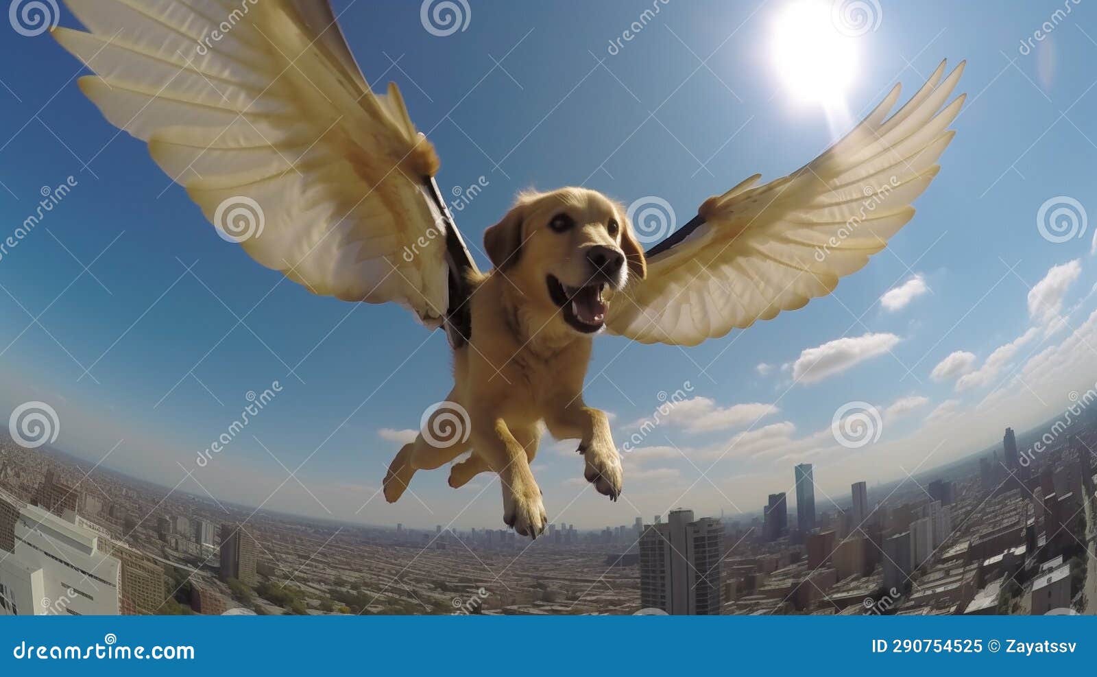 Flying Above the City Dog with Wings Stock Illustration - Illustration ...