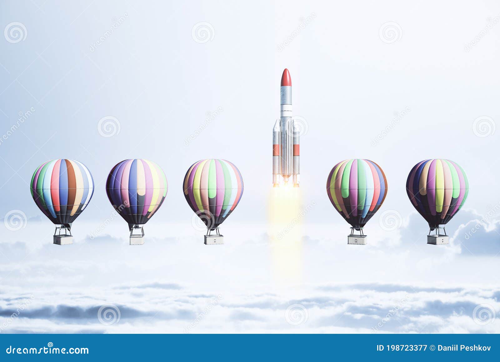 Flying Air Balloons and Rocket on Blue Sky Background Stock ...