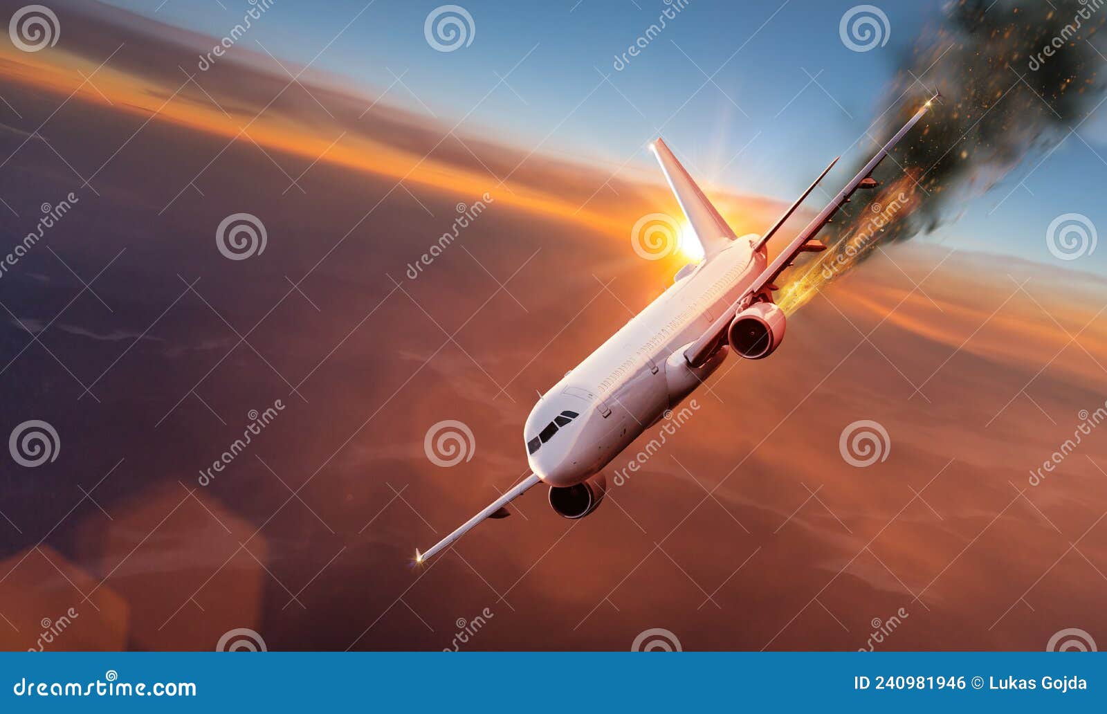 Flying Aircraft with Exploding Aero Engine Stock Illustration ...