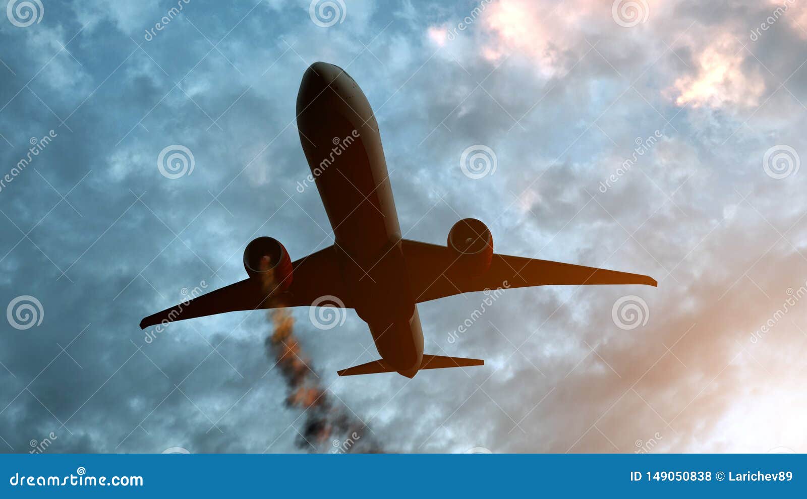 Flying Aircraft with Exploding Aero Engine Just before Air Crash. 3D ...