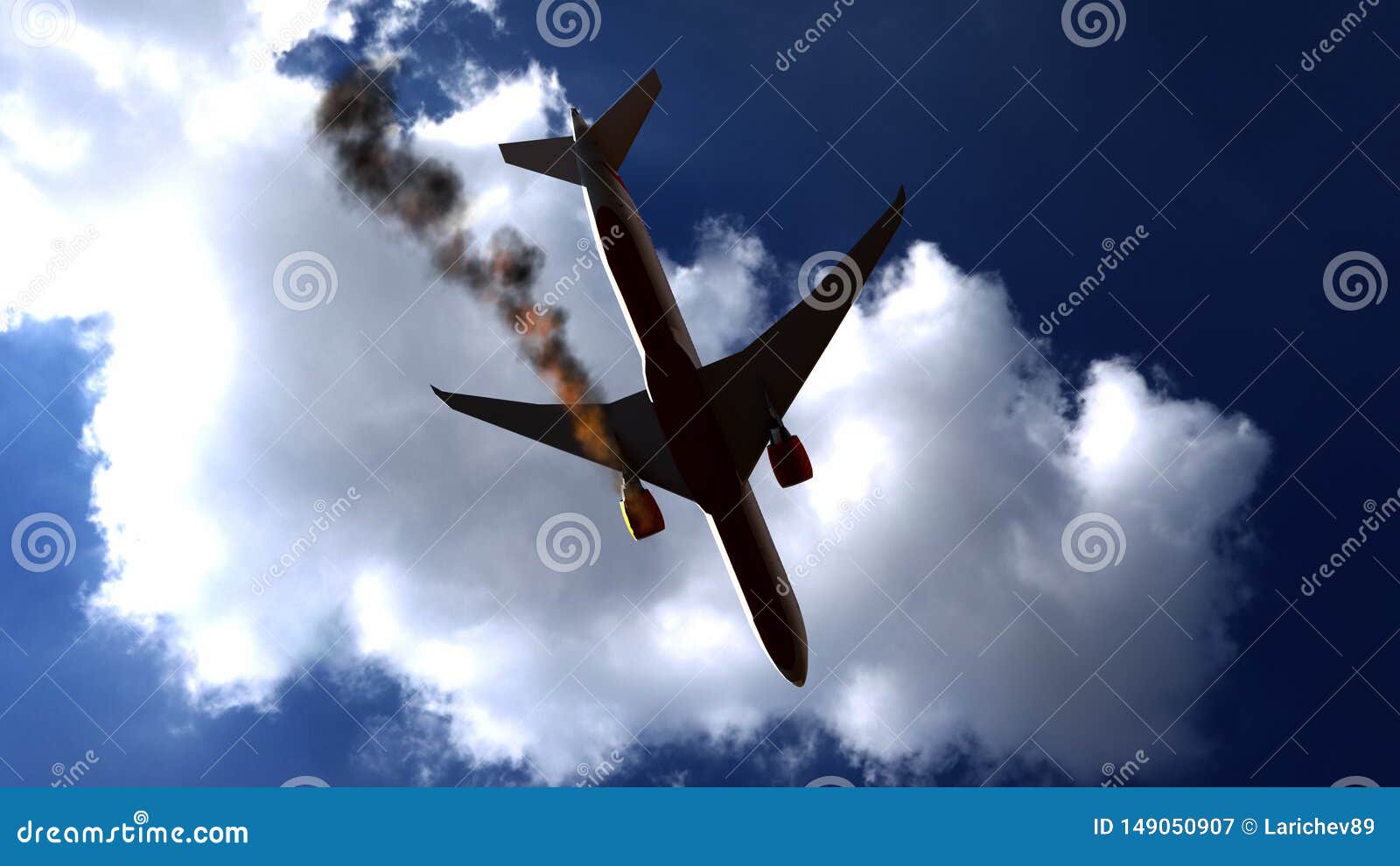 Flying Aircraft with Exploding Aero Engine Just before Air Crash. 3D ...