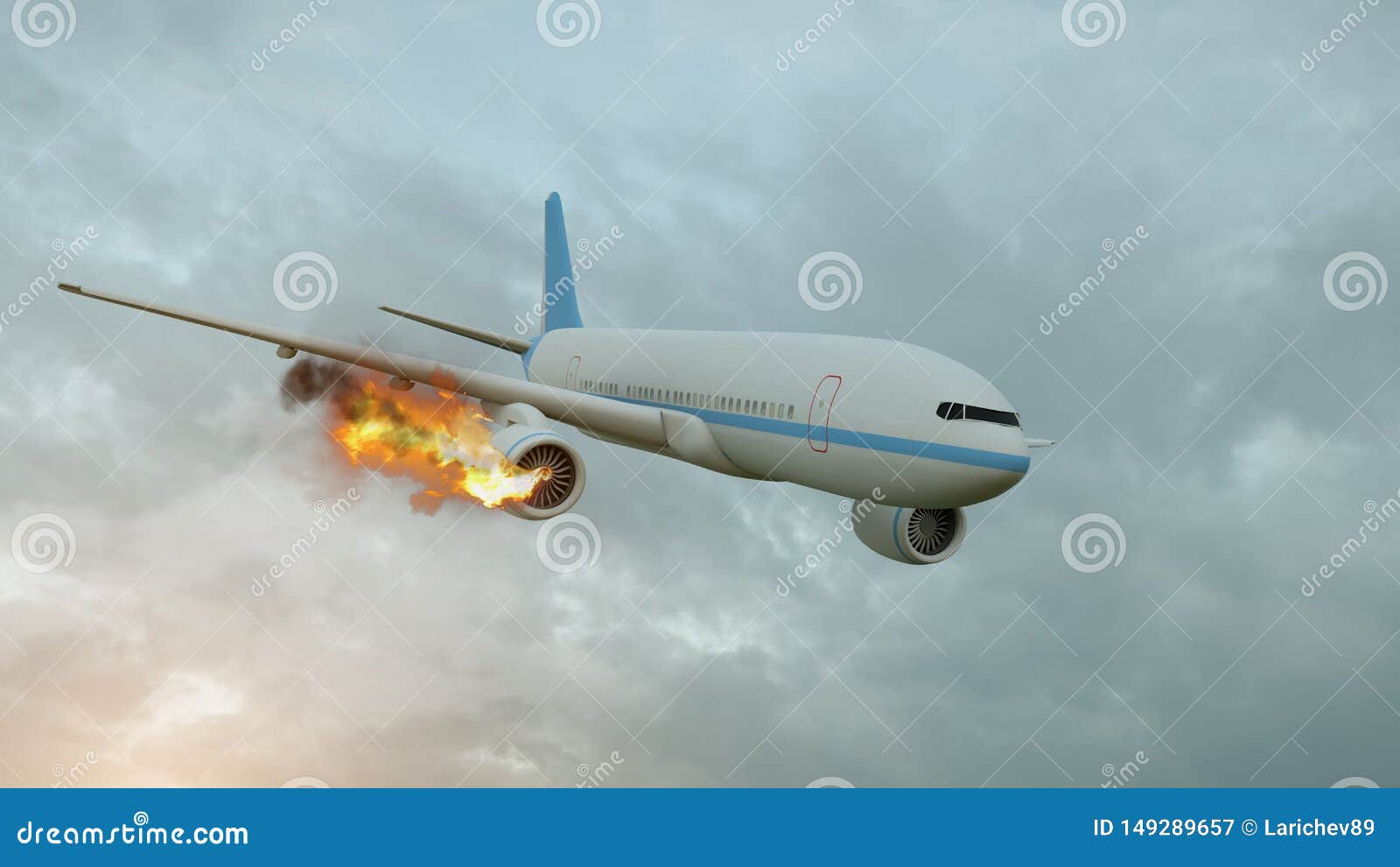 Flying Aircraft with Exploding Aero Engine Just before Air Crash. 3D ...