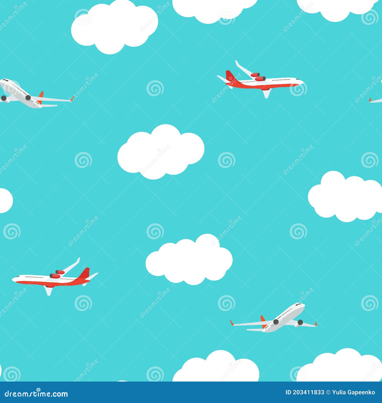 Flying Airplane and Clouds Seamless Pattern Background. Vector ...