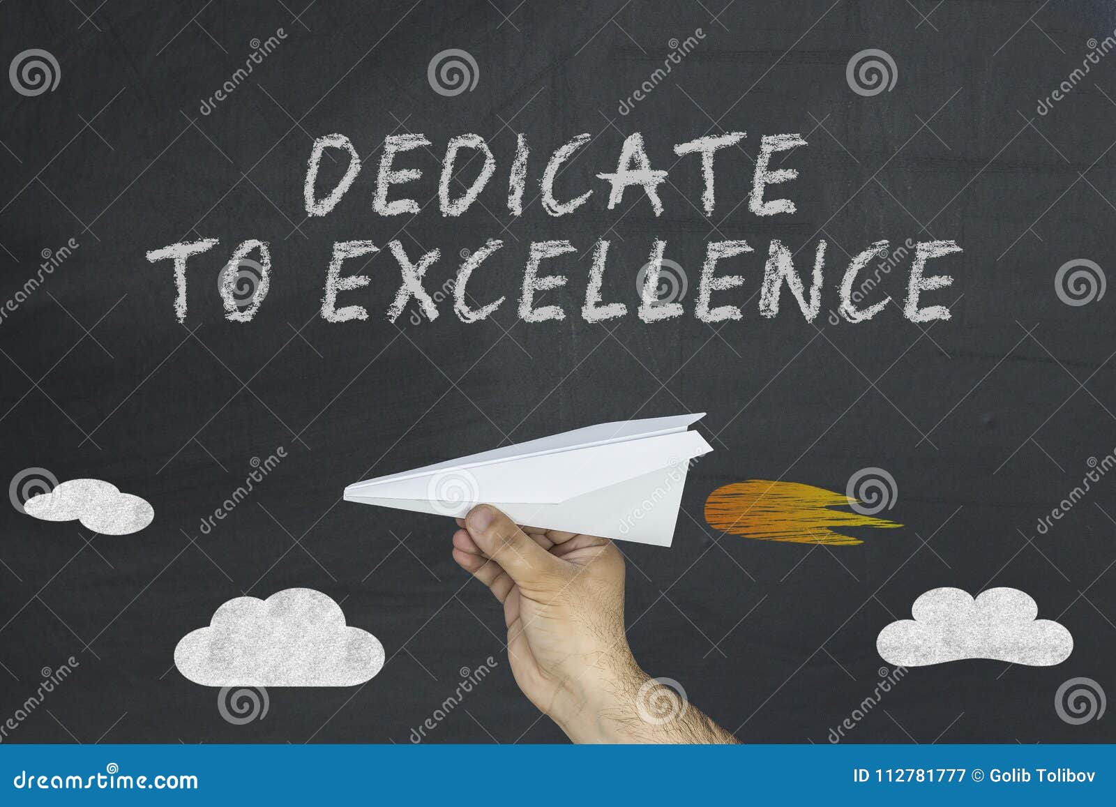 Flying Airplane and Dedicated To Excellence Written on Chalkboard Stock ...