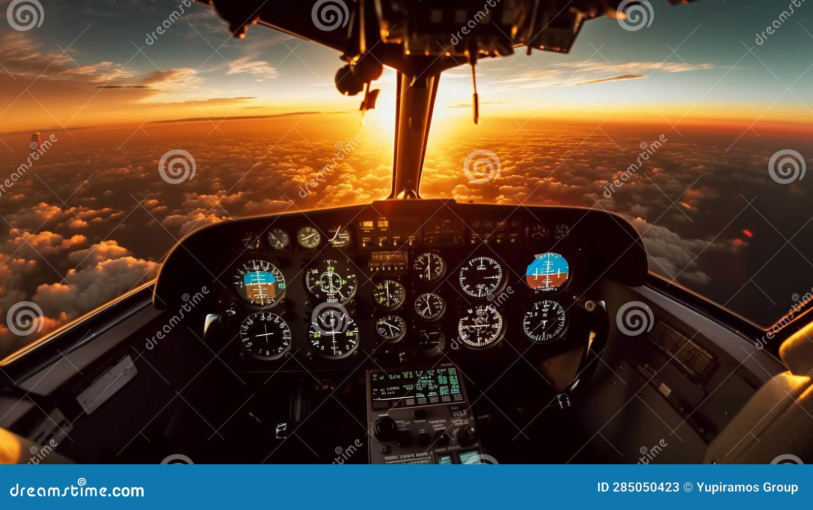 Flying Airplane Over Sunset Sky, Dashboard Speedometer Shows High Speed ...