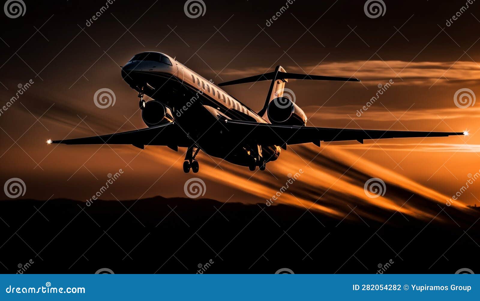 Flying Airplane Taking Off at Dusk, Propeller Spinning Mid Air ...