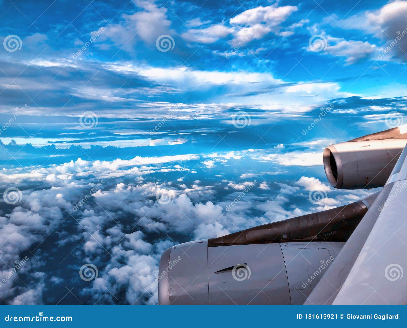 Flying Airplane, Wing and Engine Above the Sky. Travel Concept Stock ...