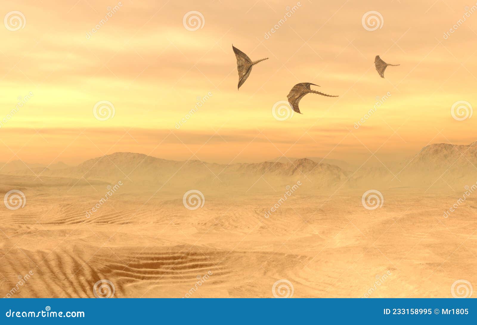 Flying Alien Creatures Over a Desert Landscape Stock Illustration ...