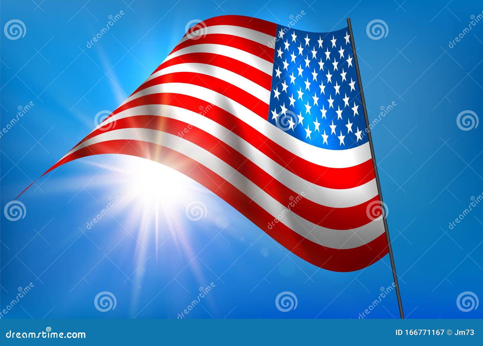 Flying American Flag and Blue Sky with Shiny Sun Stock Vector ...