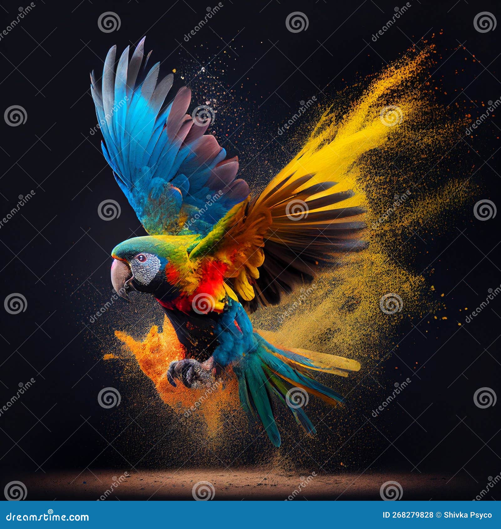 A Flying Ara Parrot Over Colourful Powder Explosion in Black Background ...