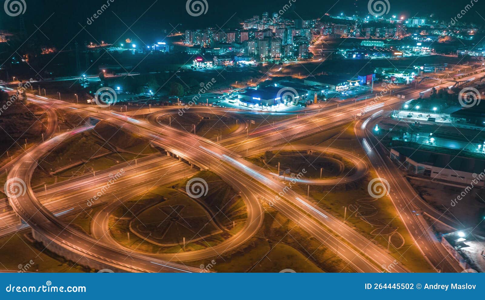 Flying Around a Multi-level Stack Interchange. Aerial Drone View . Blue ...