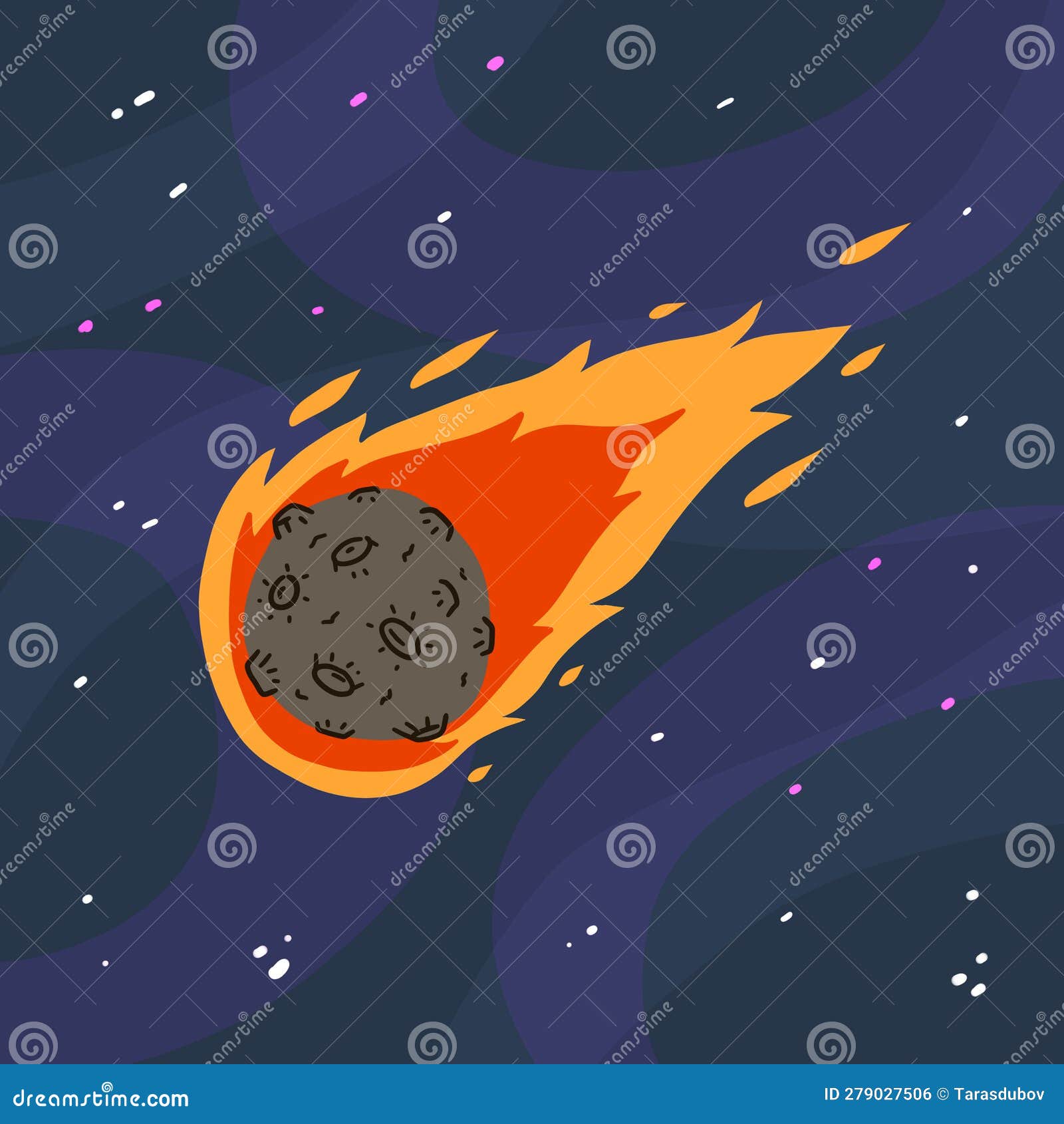 Flying Asteroid, Burning Comet On Background Of Night Sky Vector ...