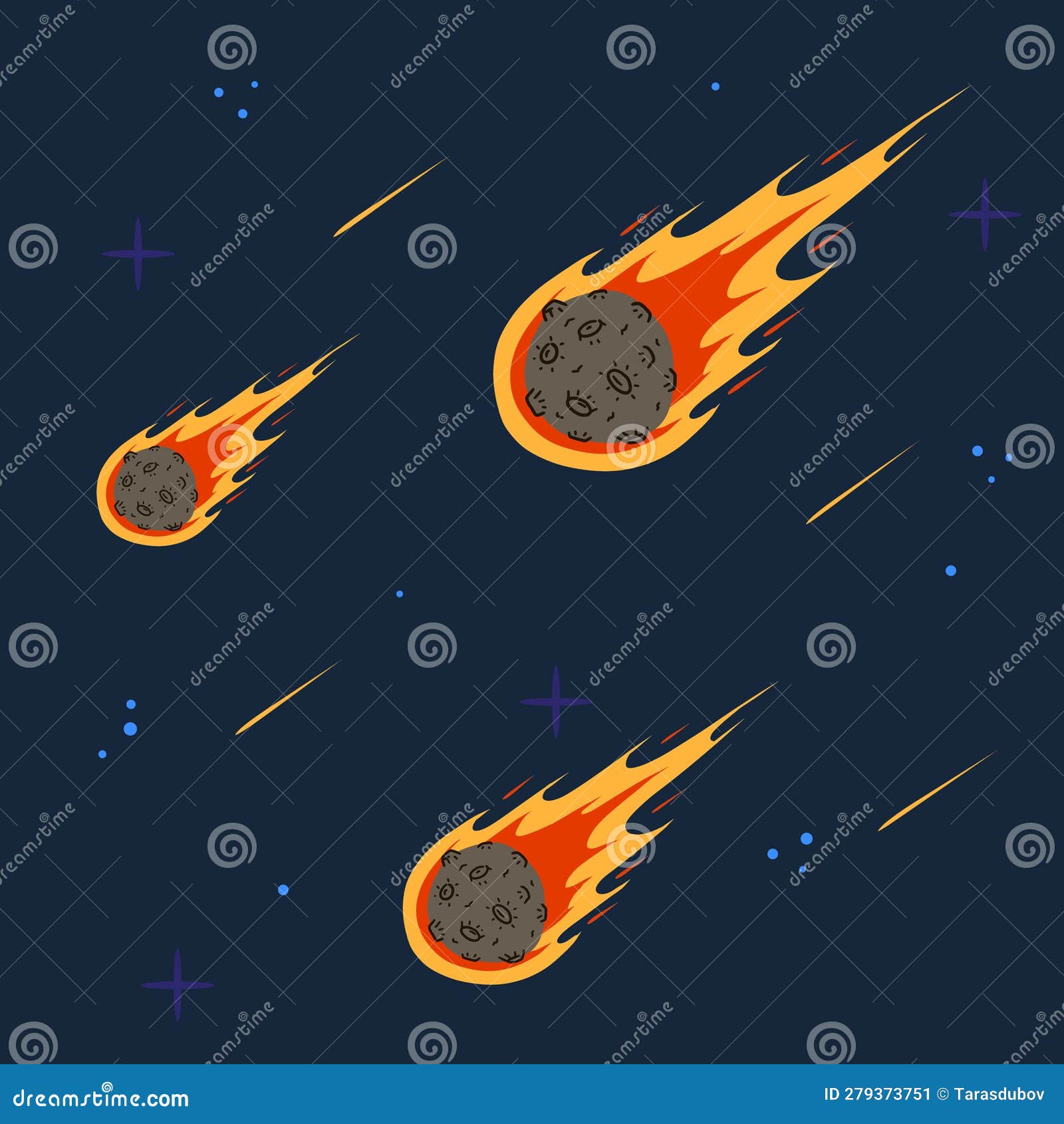 Flying Asteroid, Burning Comet On Background Of Night Sky Vector ...
