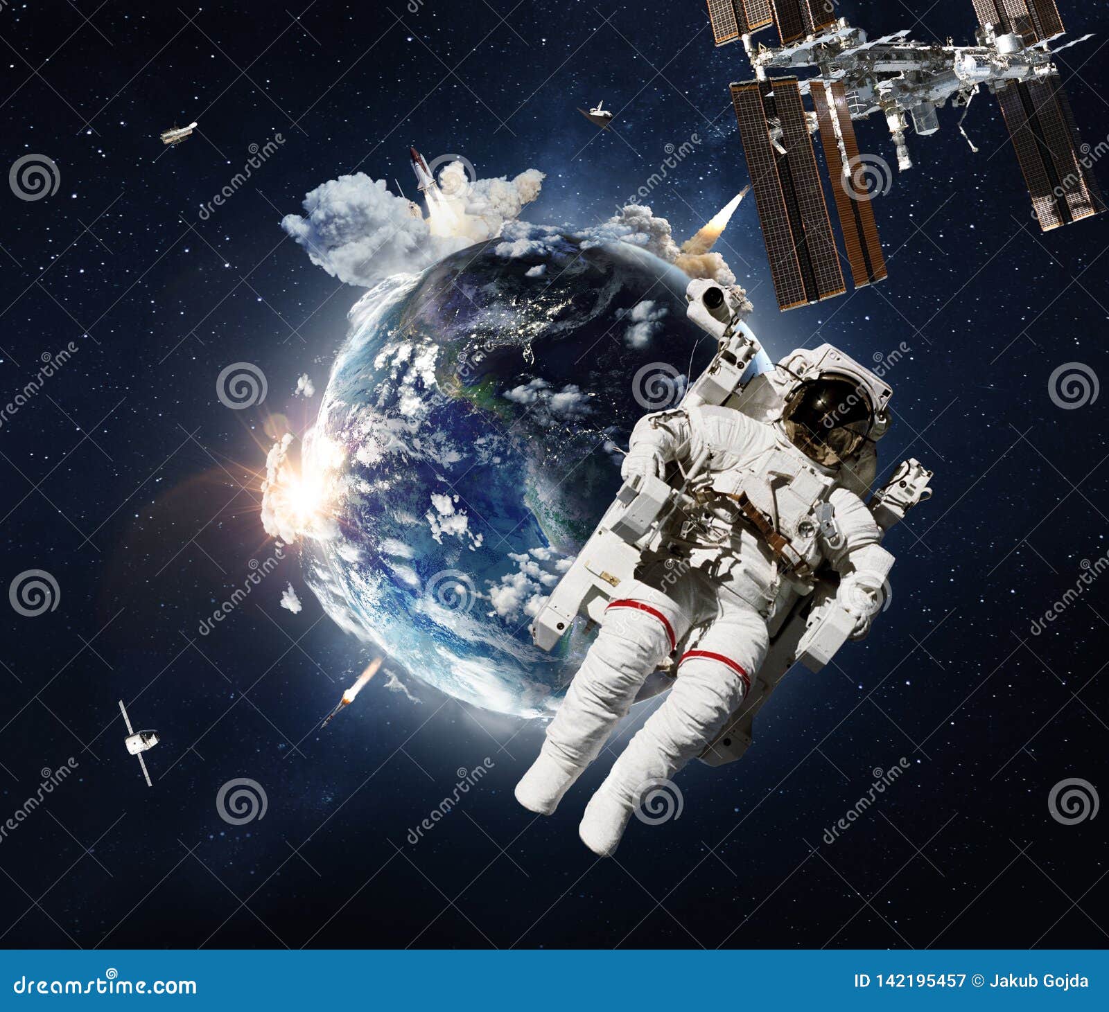 Flying Astronaut Operating Nearby of Planet Earth Stock Image - Image ...