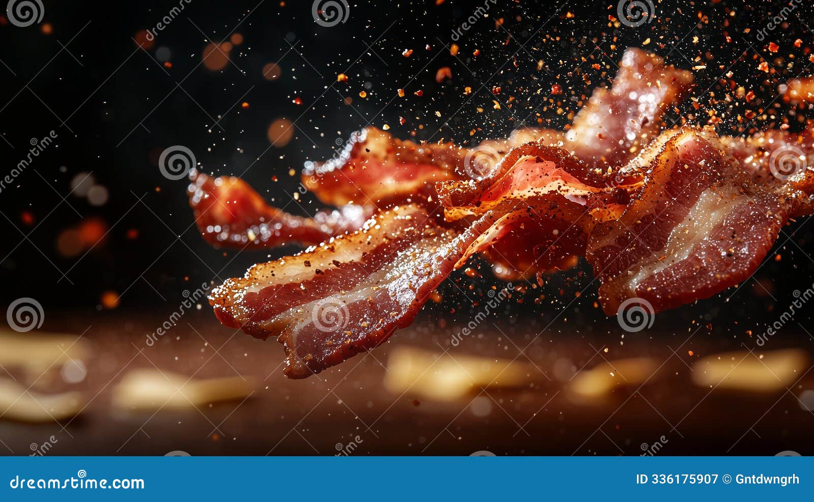 Flying Bacon in Dark Background, Falling Tossed Bacons and Pepper in ...