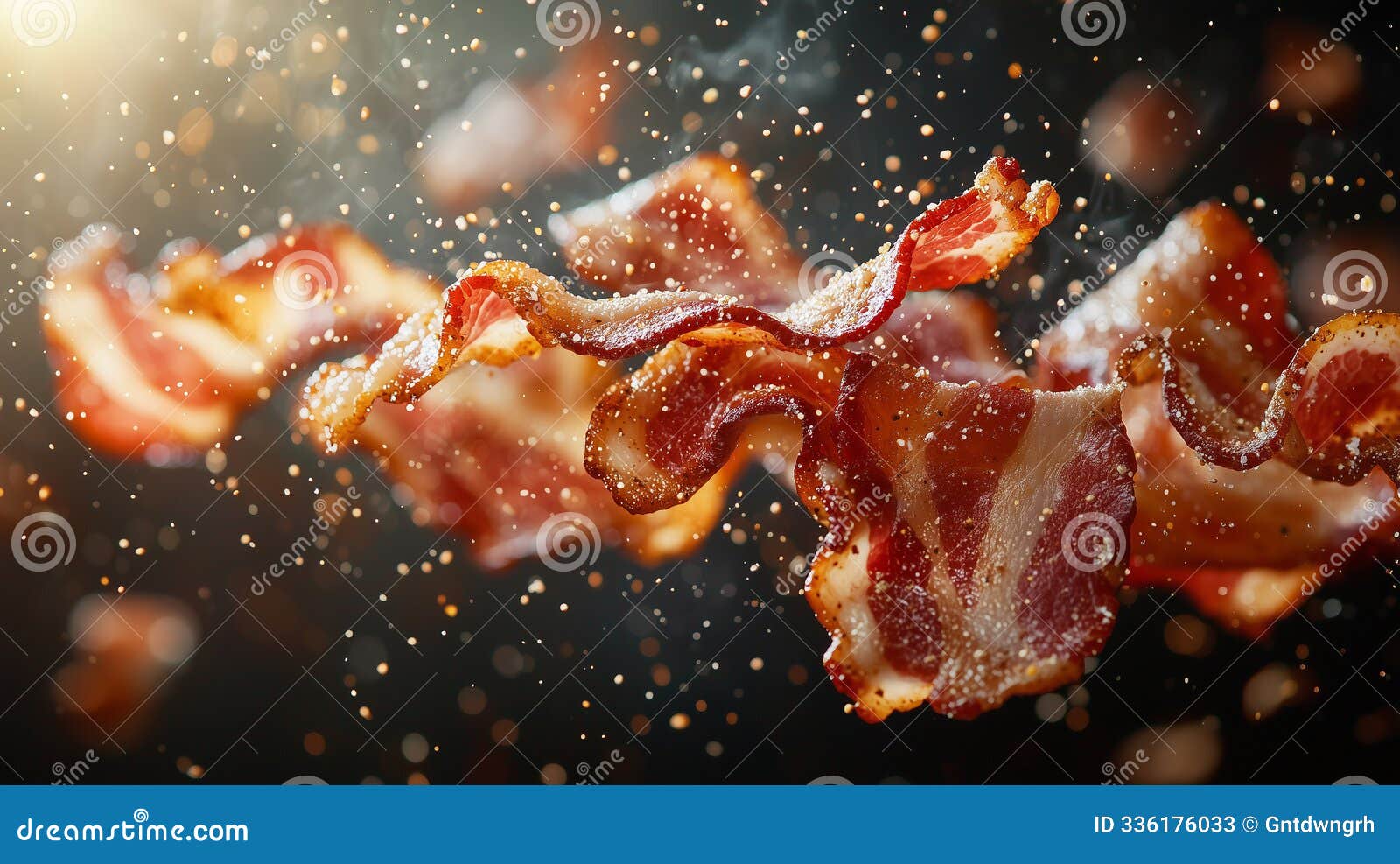 Flying Bacon in Dark Background, Falling Tossed Bacons and Pepper in ...