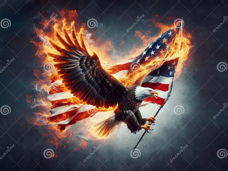 A Bald Eagle is on Fire Holding American Flag, Ai Generated Stock Image - Image of united ...