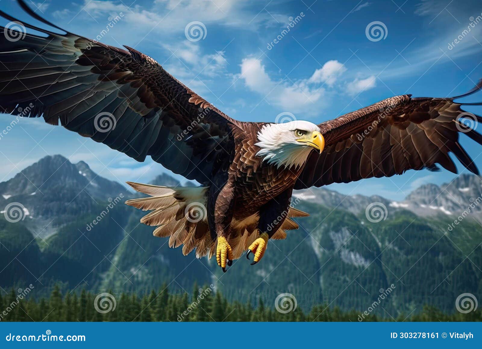 Flying Bald Eagle with Open Wings, Close-up on a Mountainous Landscape ...