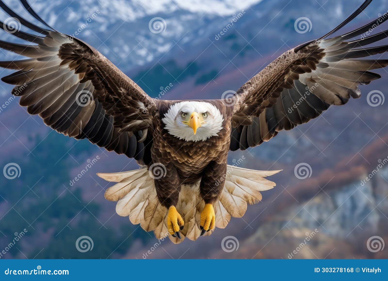 Flying Bald Eagle with Open Wings, Close-up on a Mountainous Landscape ...