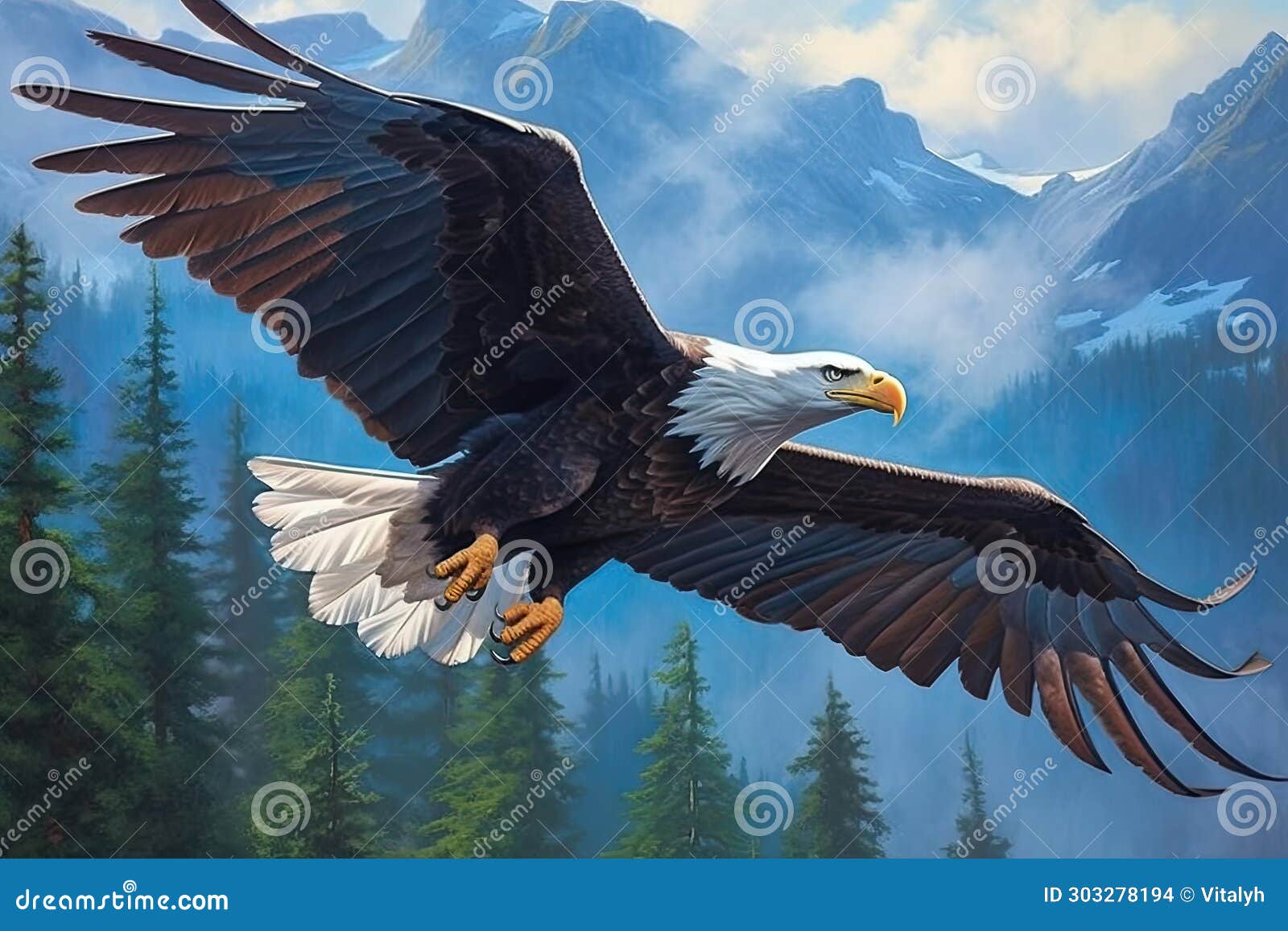 Flying Bald Eagle with Open Wings, Close-up on a Mountainous Landscape ...