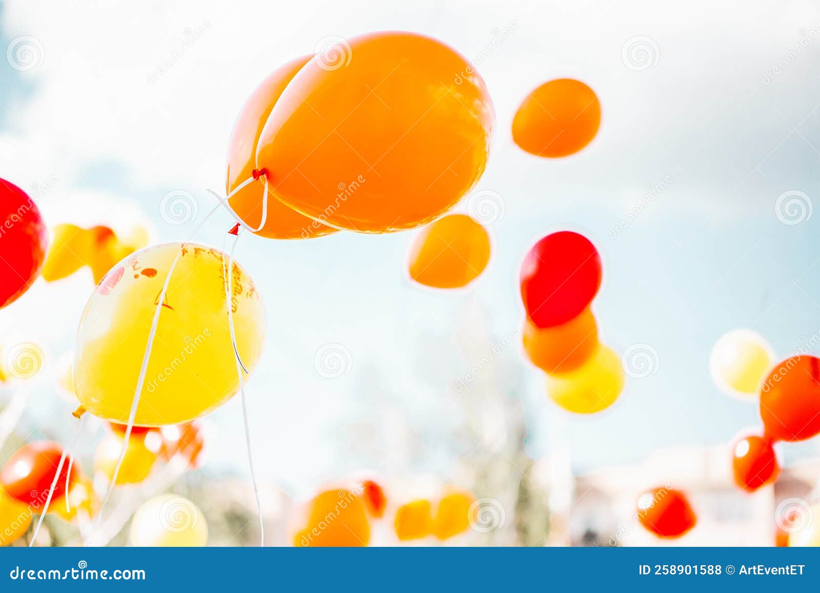 Flying balloons in the sky stock photo. Image of lawn - 258901588