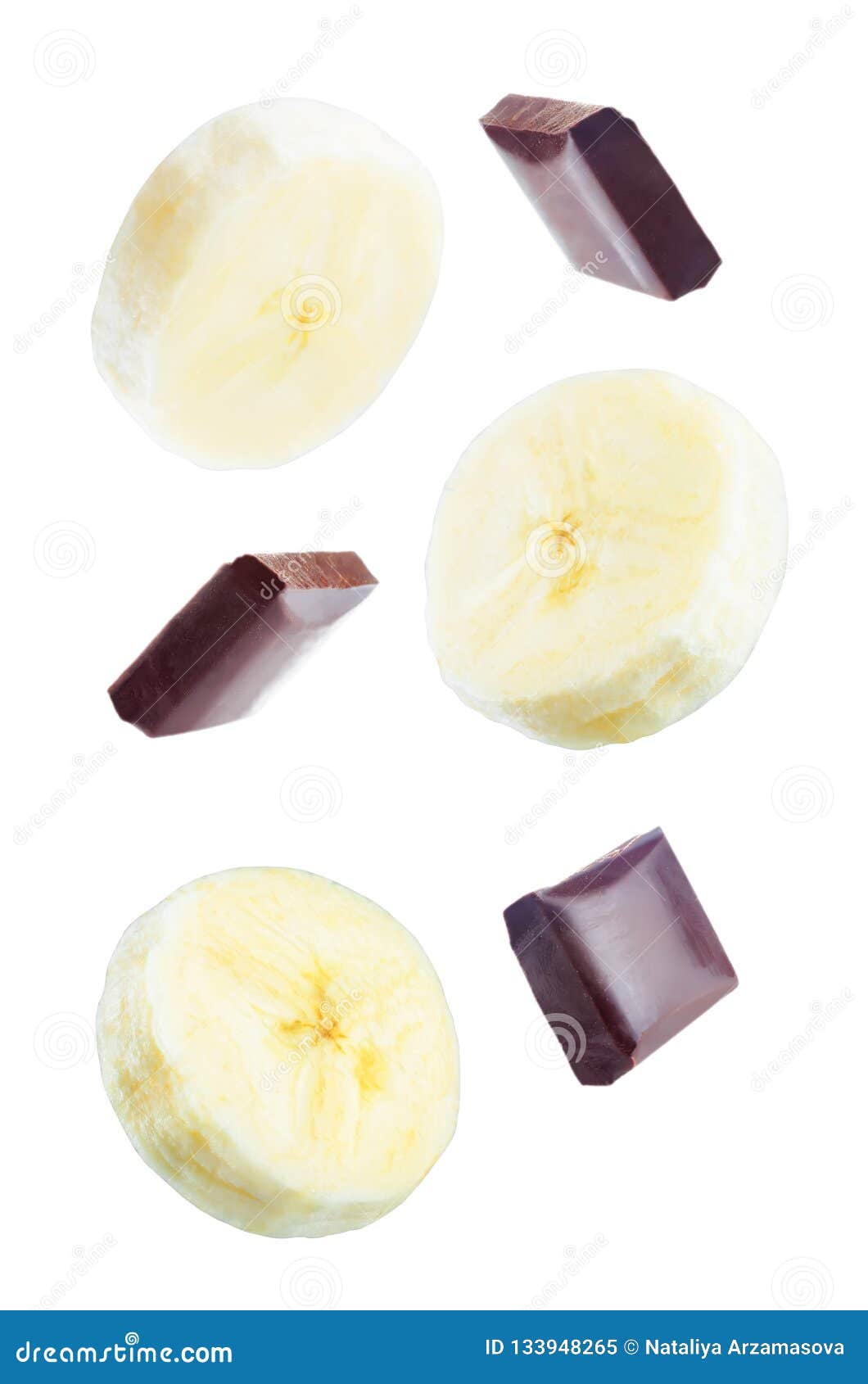 Flying Banana Slices with Chocolate Slices on a White Background Stock ... Flying Banana Slices with Chocolate Slices on a White Background Stock ...