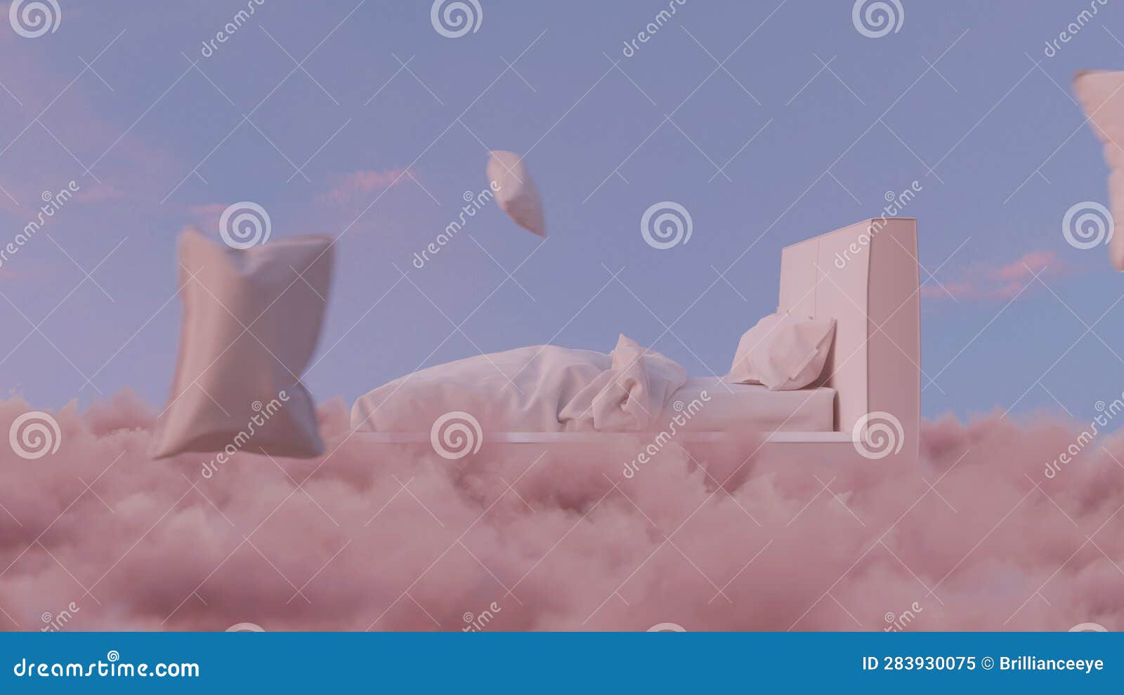 Flying Bed Over Pink Clouds Surrounded by Pillows Flying by Stock ...