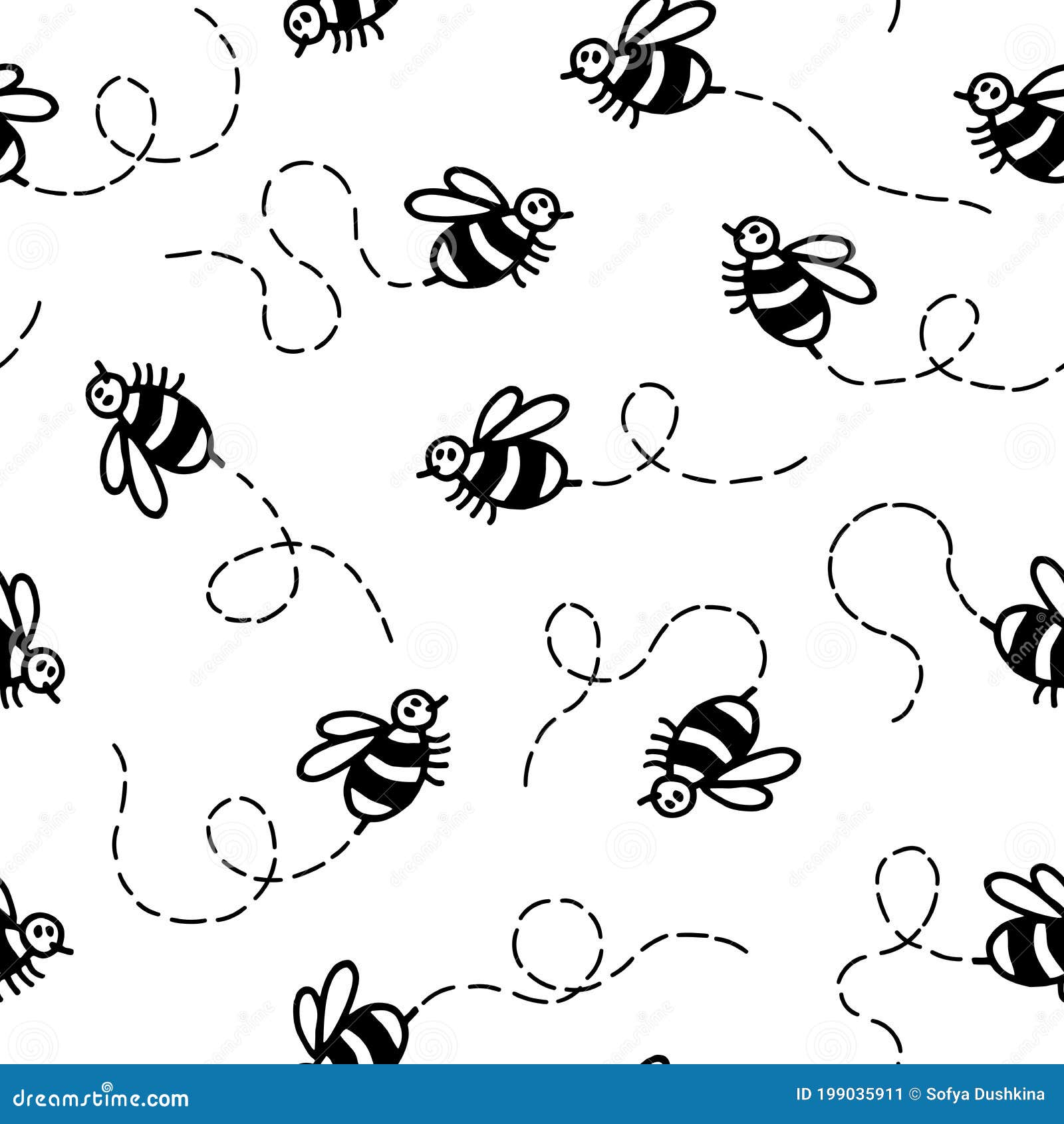 Flying Bees Black and White Seamless Pattern. Fun Doodle Style Bee ...