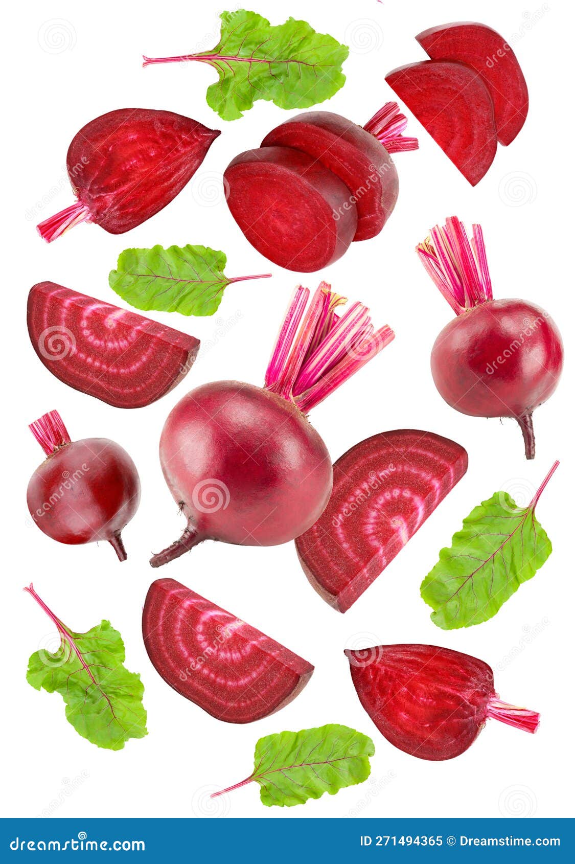 Flying Beetroot with Pieces of Beetroot and Green Leaf Isolated on ...