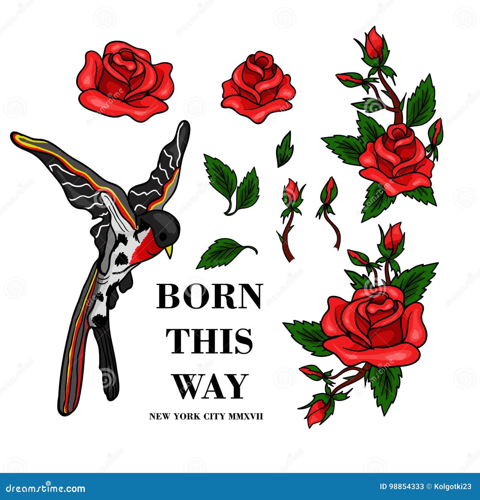 Flying Bird and Red Roses Stickers for Embroidery or Print Elements ...