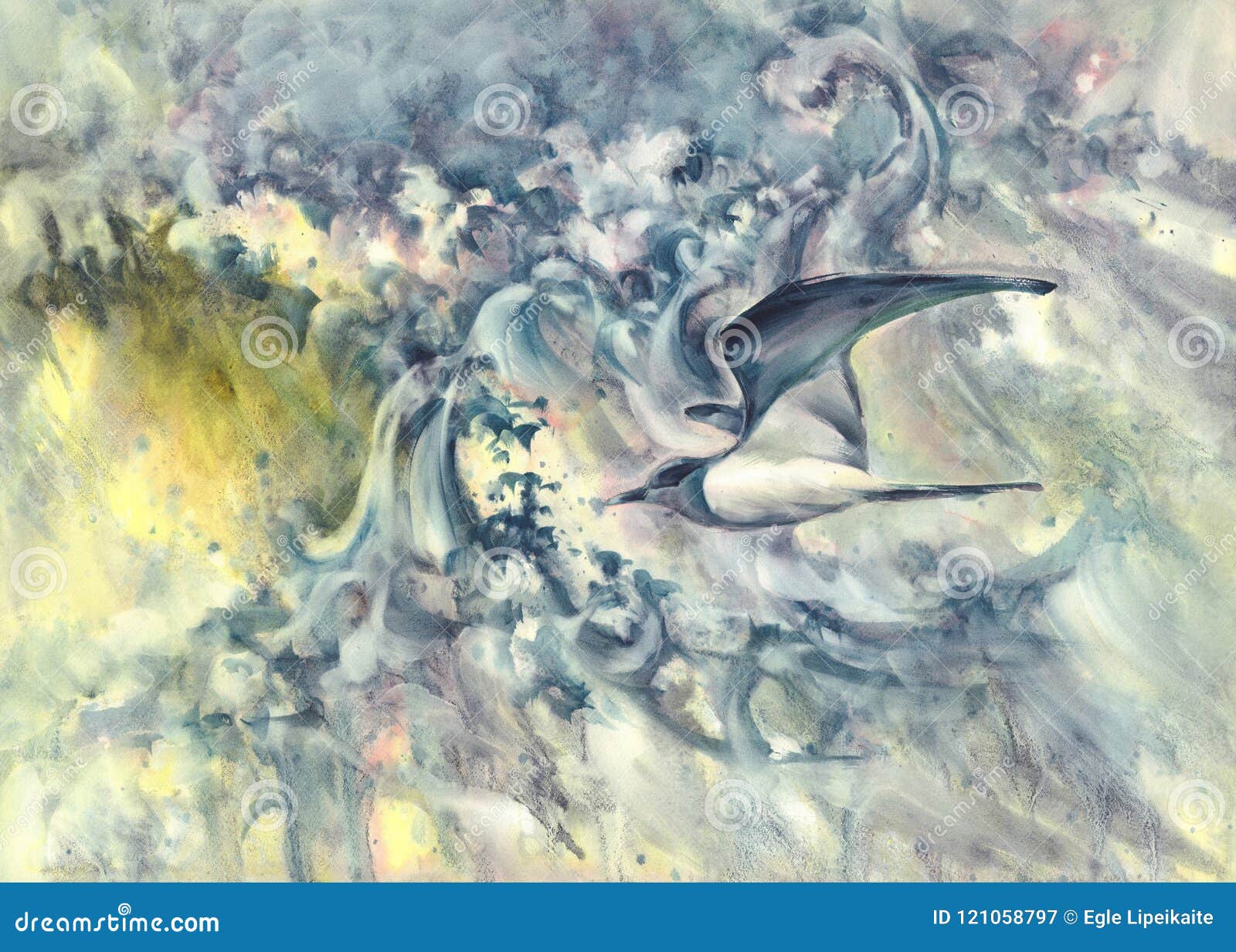 Flying Bird in the Waves Watercolor Background Stock Illustration ...