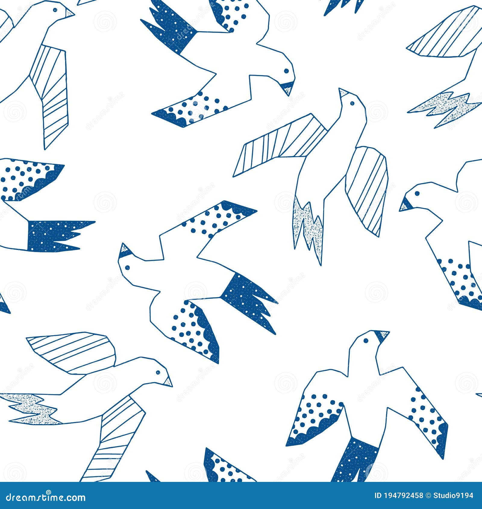 Flying Birds Blue on White Seamless Vector Pattern. Repeating ...