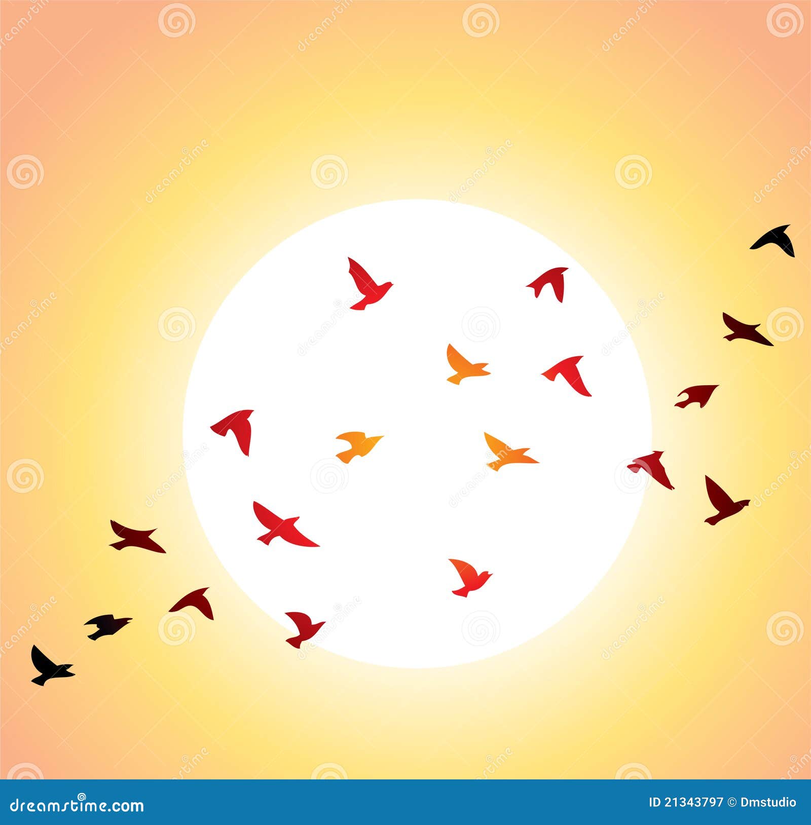 Flying Birds and Bright Sun Stock Vector - Illustration of outline ...
