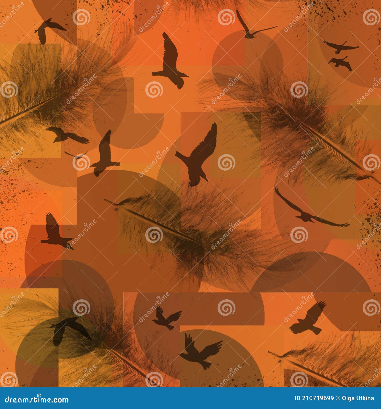 Abstract Orange Background with Flying Birds and Falling Feathers Stock ...