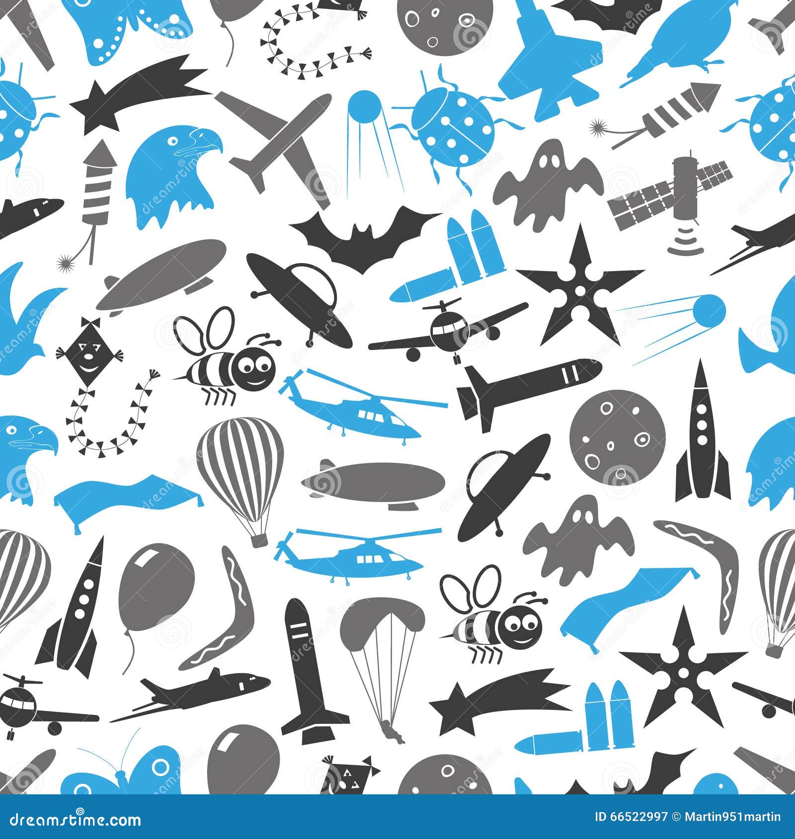 Flying Blue and Gray Theme Theme Symbols and Icons Seamless Pattern ...