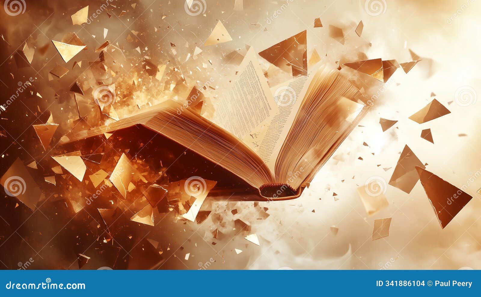 Flying Book Pages and Golden Fragments Exploding in a Glowing ...