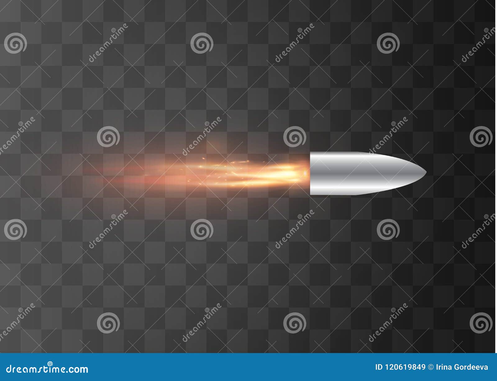 A Flying Bullet with a Fiery Trace. Isolated on a Transparent ...