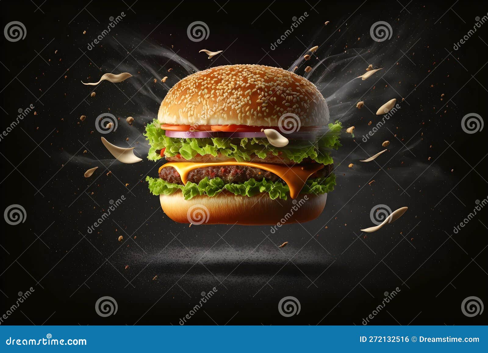 Flying Burger on Black Background, Concept of Fast Food Stock ...