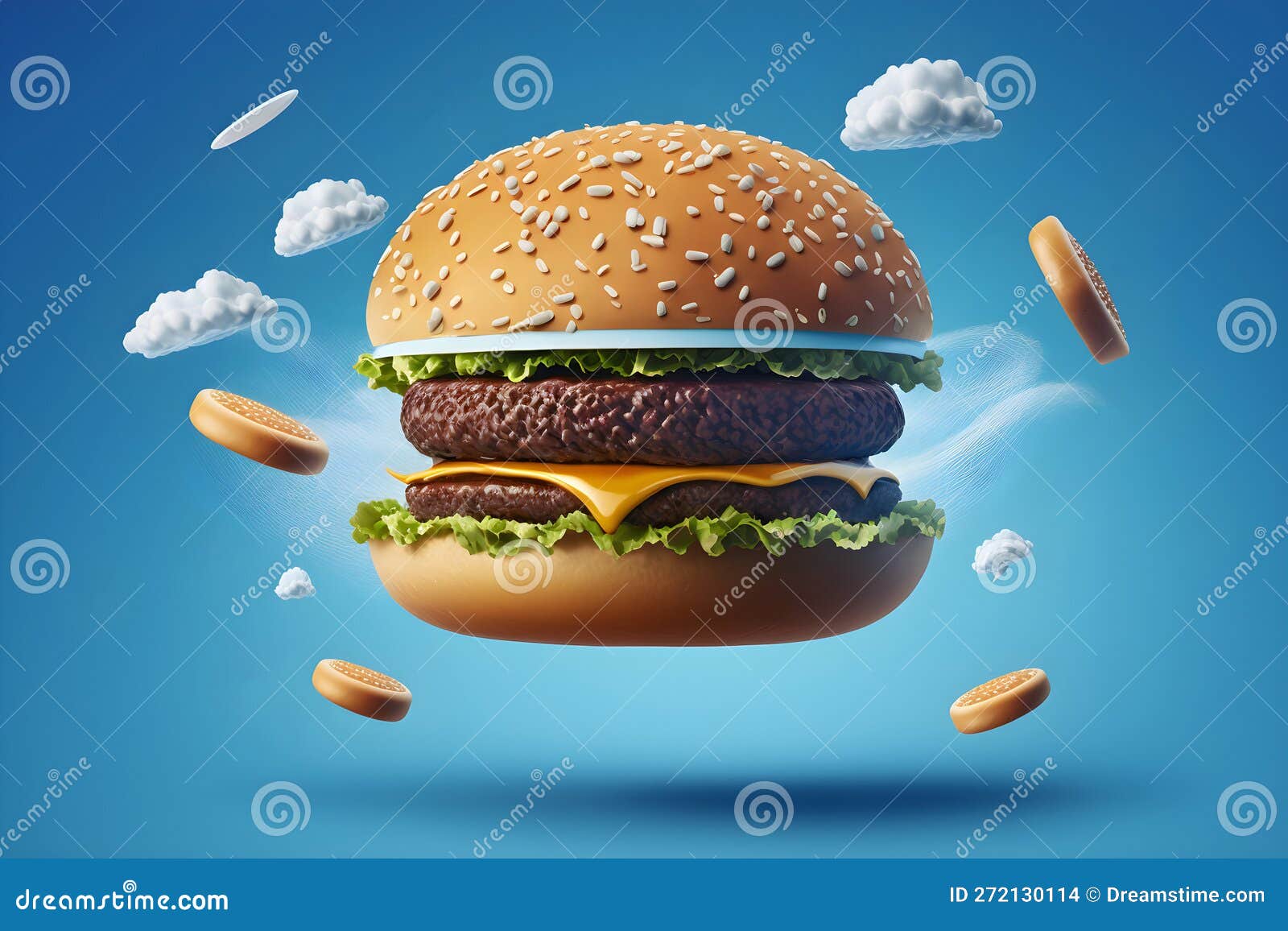 Flying Burger on Blue Background, Concept of Fast Food Stock ...
