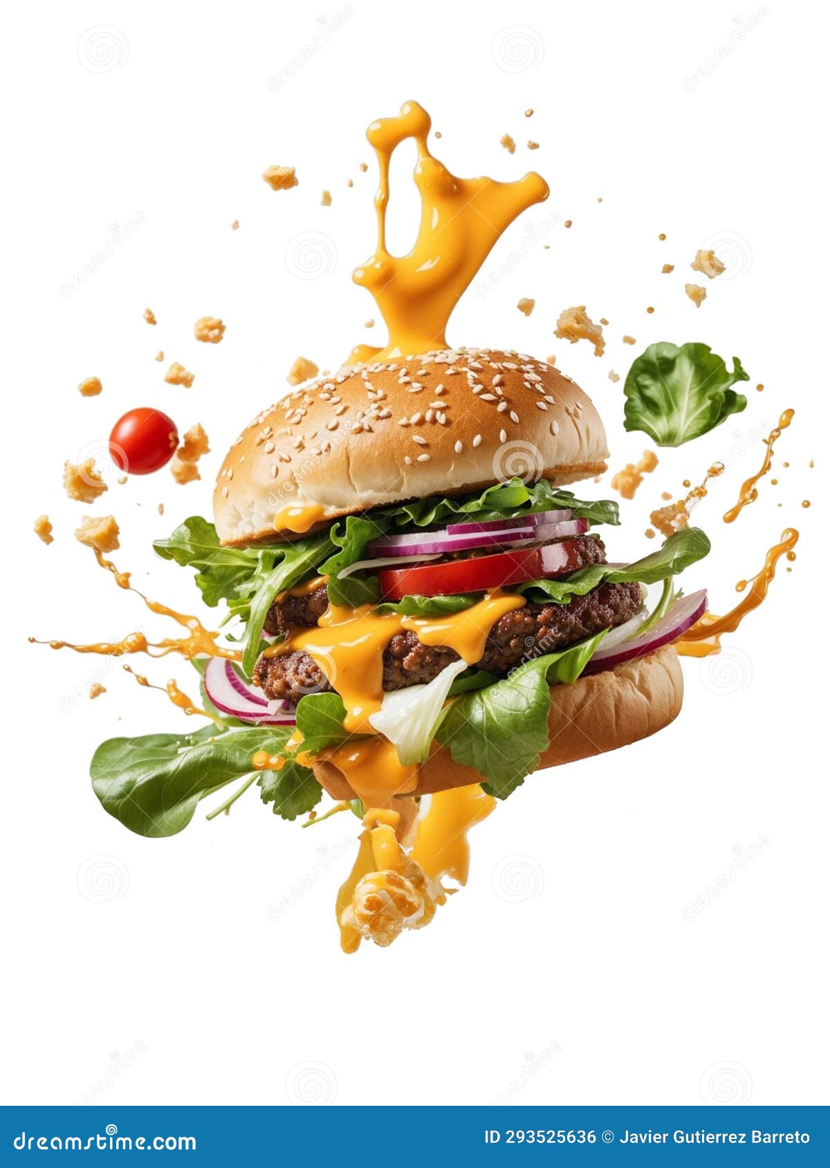 Flying Burger with Melted Cheese Splash Isolated Stock Photo - Image of ...