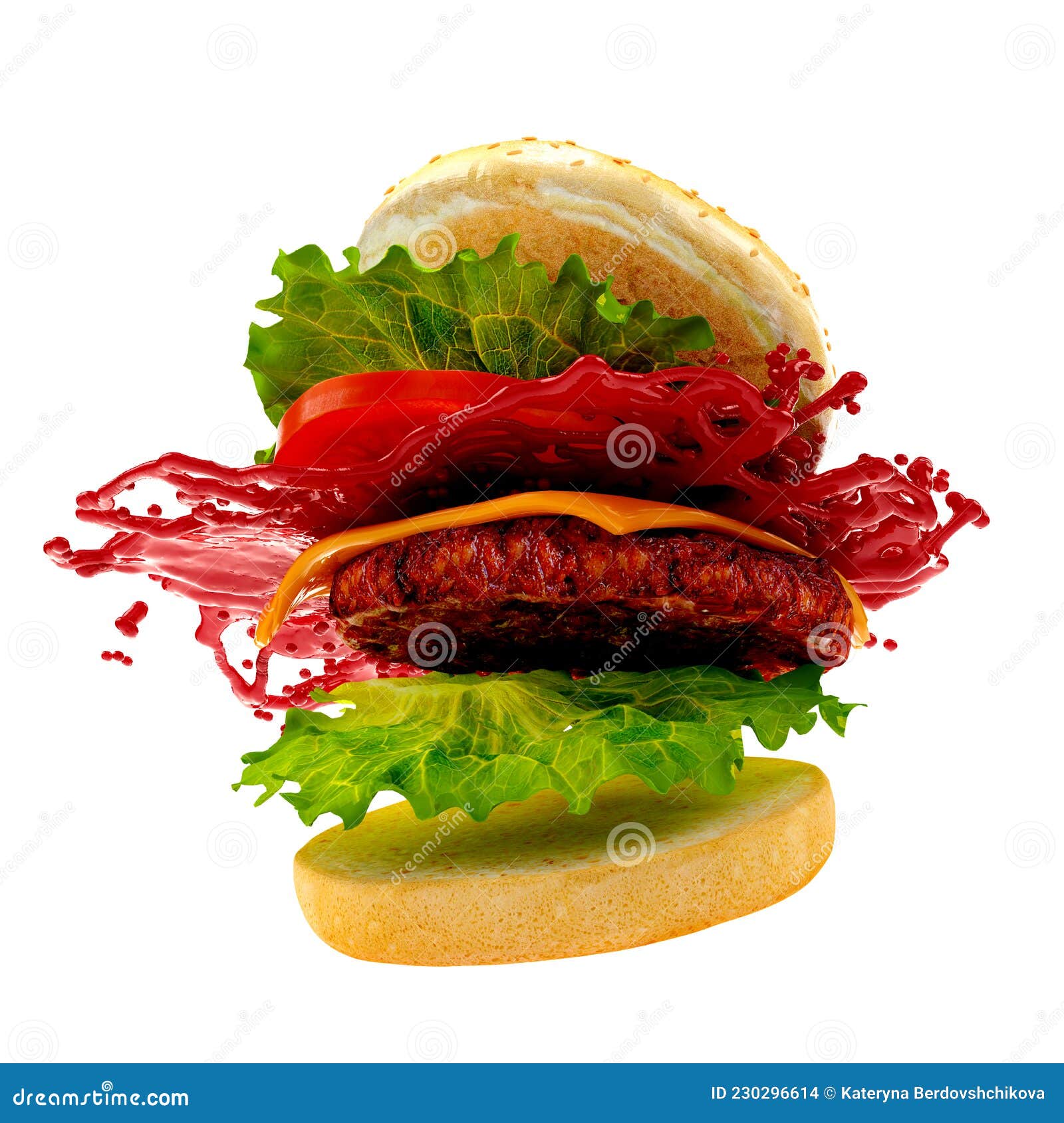 Flying Burger with Sauce Splash. - 3d Rendering Stock Illustration ...