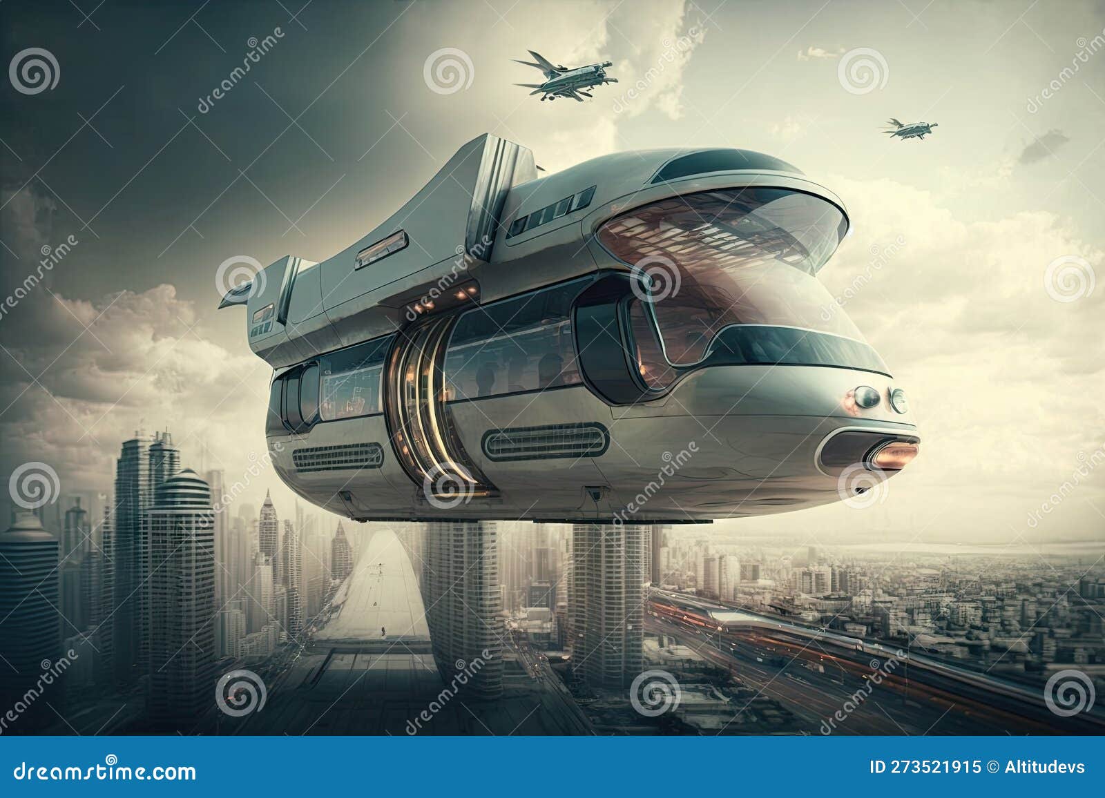 Flying Bus, with View of Futuristic City Visible Below Stock ...