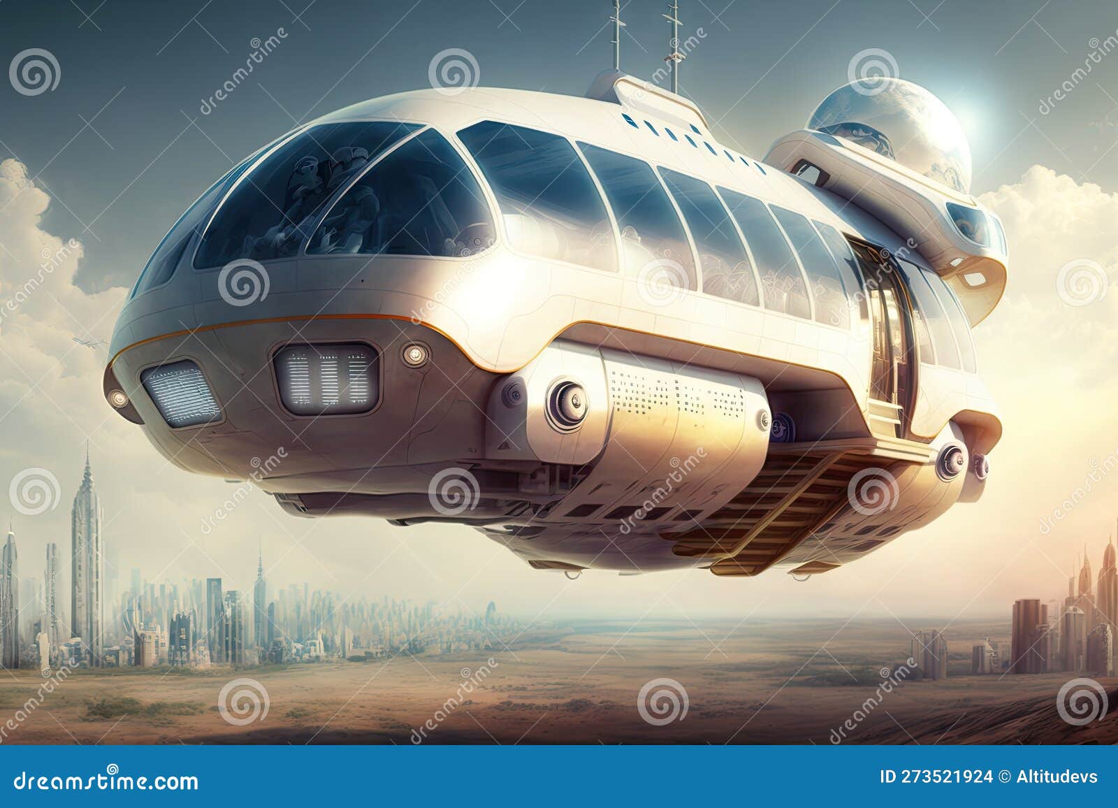 Flying Bus, with View of Futuristic City Visible Below Stock ...