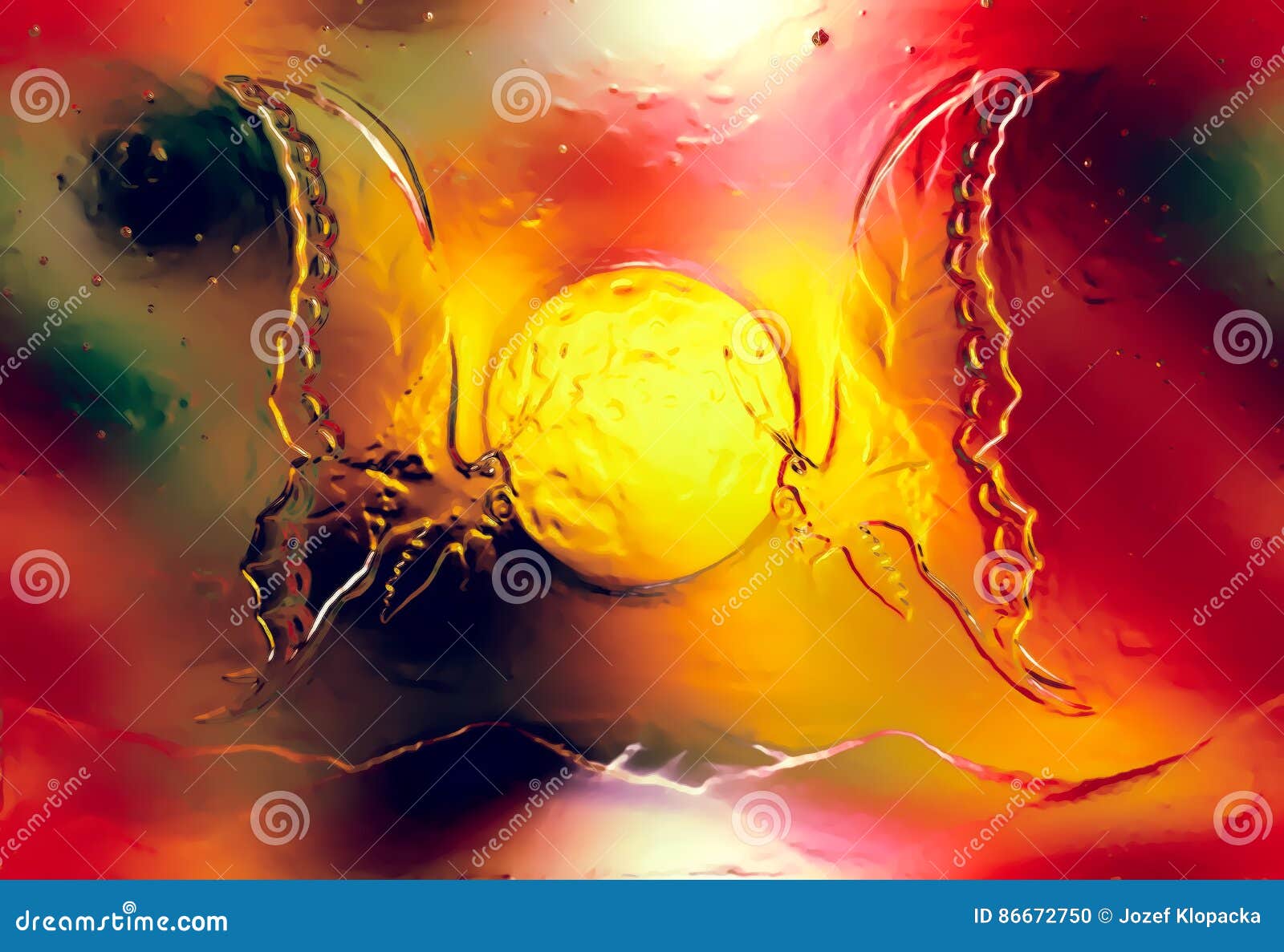 Flying Butterfly and Moon. Painting with Graphic Design. Stock ...