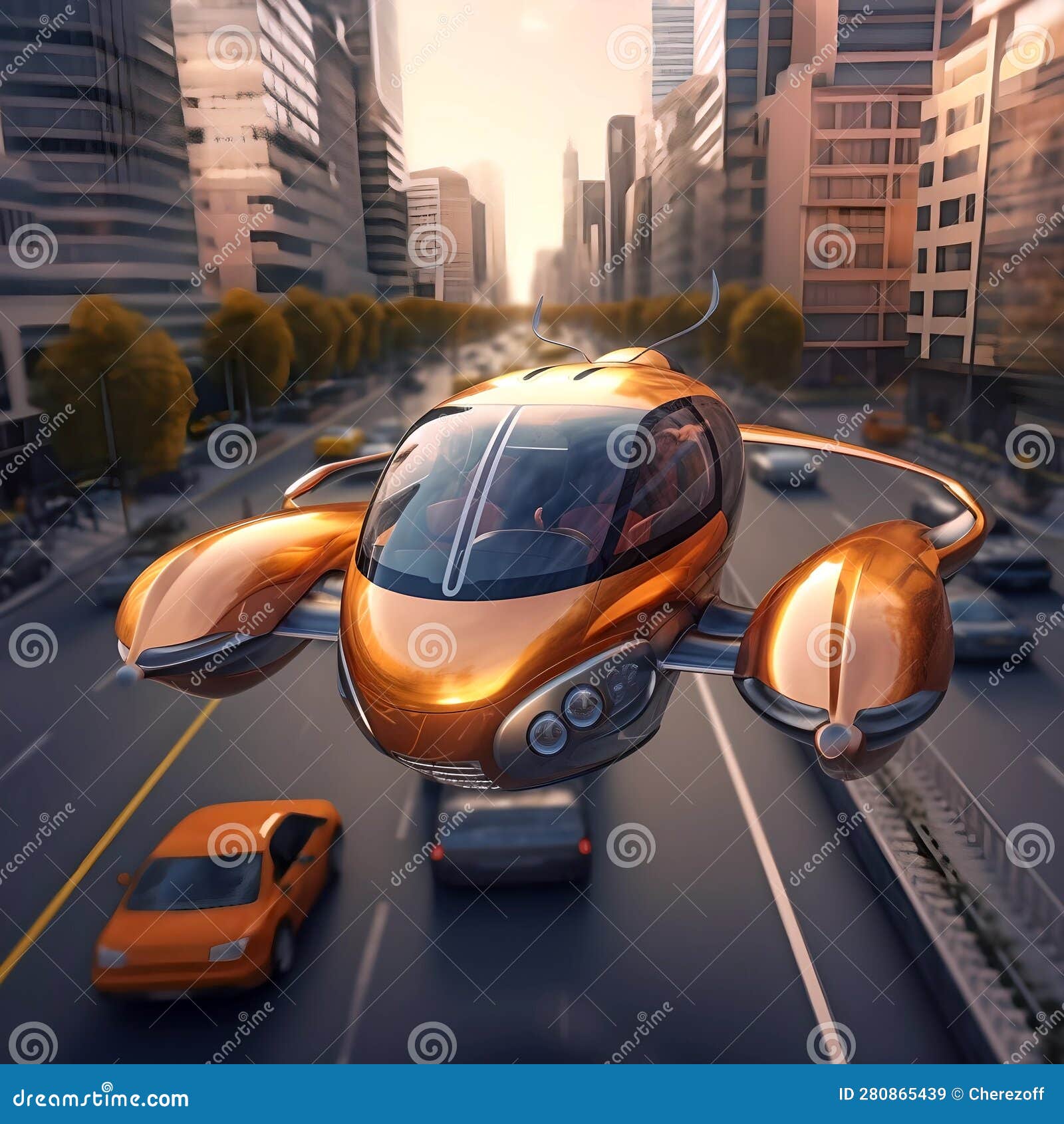 The Flying Car of the Future Flies in the City Stock Illustration ...