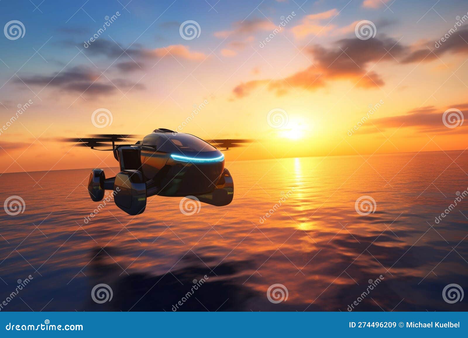 Flying Car Gliding Over the Ocean with AI Technology Stock Illustration ...