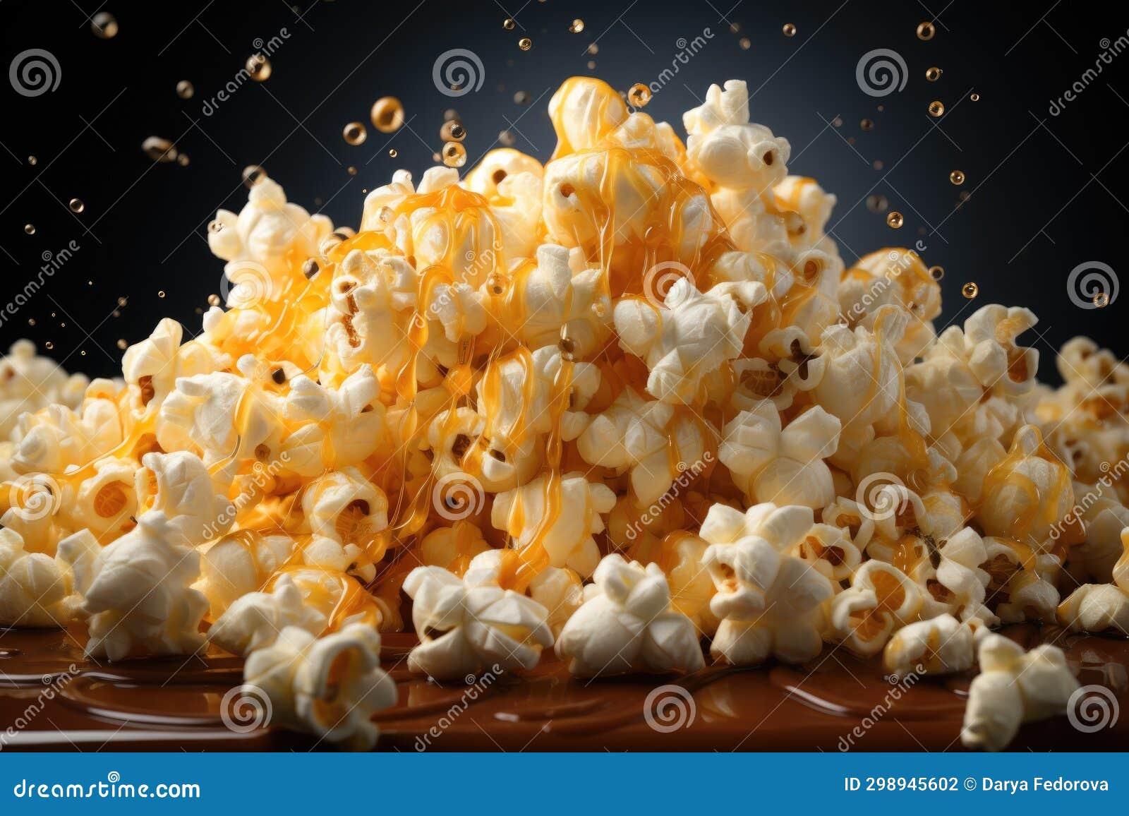 Flying Caramelized Popcorn with Syrup on Dark Background Stock ...