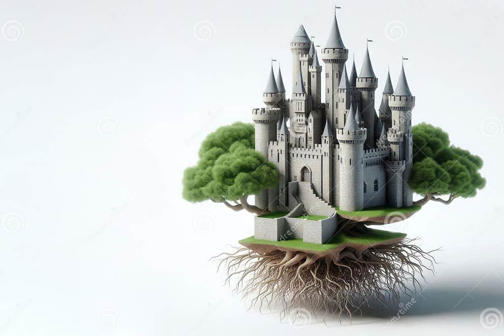 A Flying Castle with Roots and Trees. Space for Text. Stock Photo ...