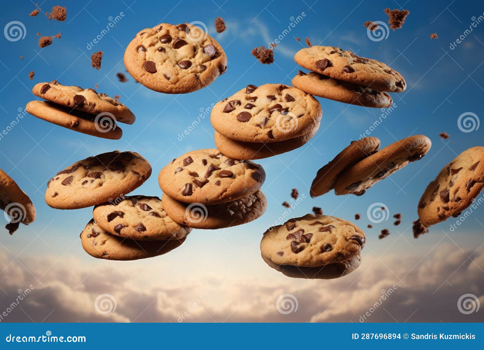 Flying Chocolate Chip Cookies Stock Photo - Image of group, snack ...